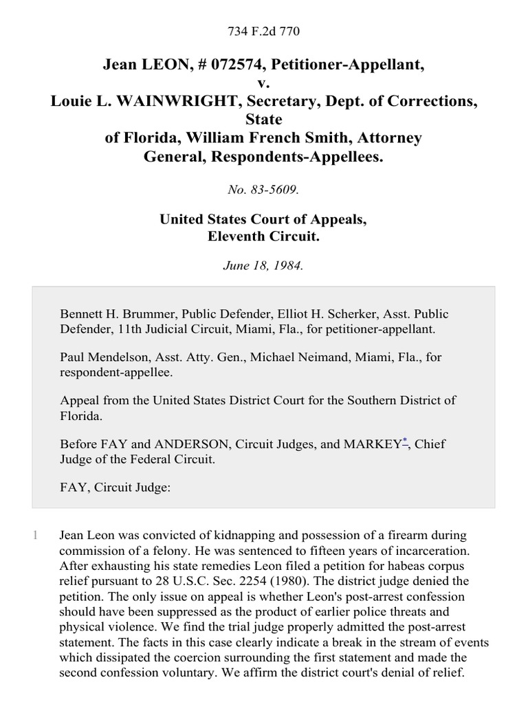 Jean Leon, 072574 v. Louie L. Wainwright, Secretary, Dept. of ...