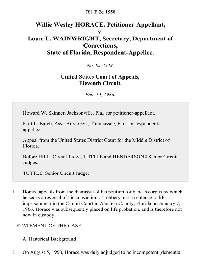 Willie Wesley Horace v. Louie L. Wainwright, Secretary, Department of Corrections, State of ...