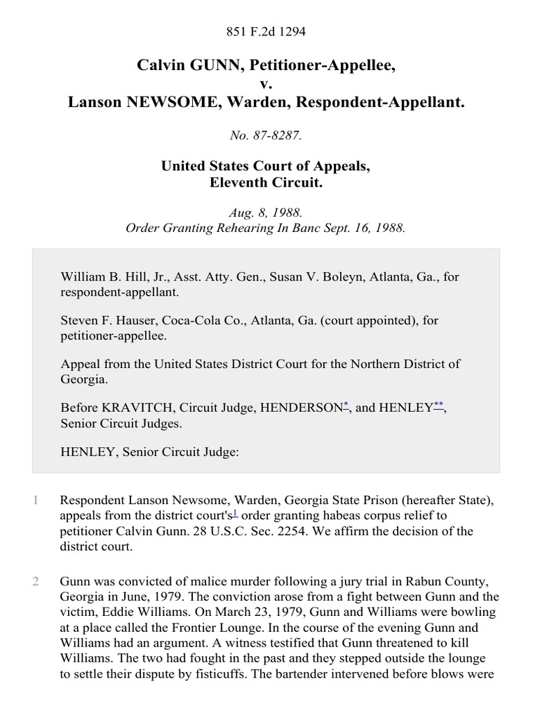 Calvin Gunn v. Lanson Newsome, Warden, 851 F.2d 1294, 11th Cir. (1988 ...
