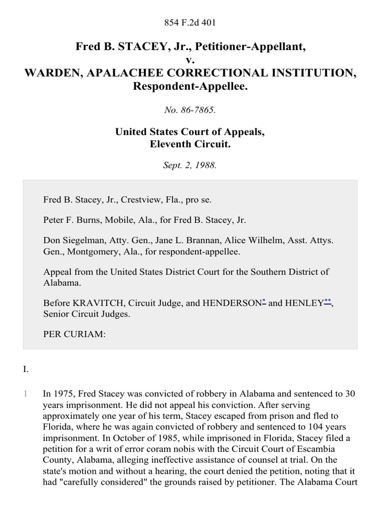Fred B. Stacey, Jr. v. Warden, Apalachee Correctional Institution, 854 ...