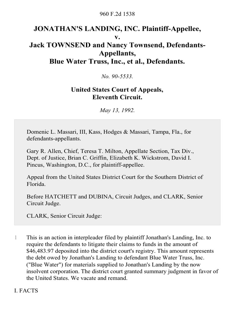 Jonathan's Landing, Inc. v. Jack Townsend and Nancy Townsend, Blue ...