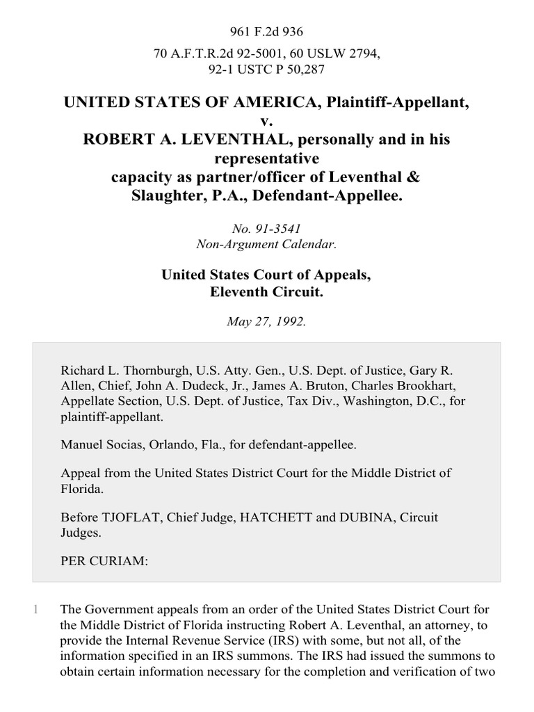 IRS Summons Enforcement in Leventhal Case | PDF | Attorney–Client ...