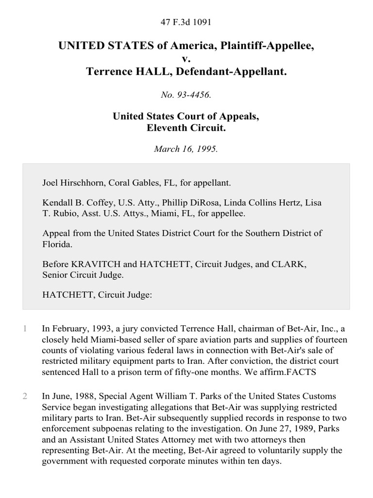 United States v. Terrence Hall, 47 F.3d 1091, 11th Cir. (1995) | PDF ...