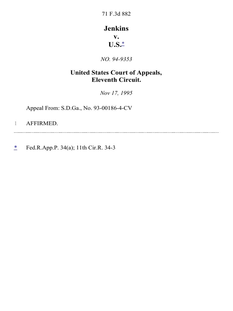 Jenkins v. United States, 71 F.3d 882, 11th Cir. (1995) | PDF | Law