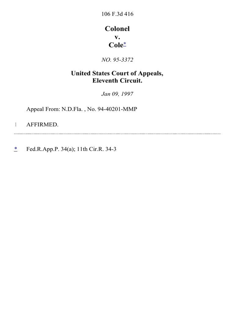 Colonel v. Cole, 106 F.3d 416, 11th Cir. (1997) | PDF