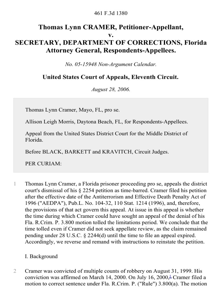 Thomas Lynn Cramer v. Secretary, Dept. of Corr., 461 F.3d 1380, 11th ...