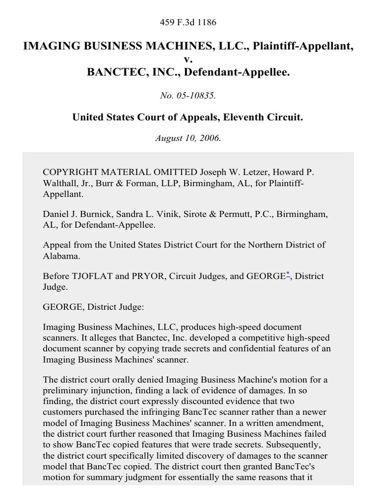 Imaging Business Machines, LLC v. BancTec, Inc., 459 F.3d 1186, 11th ...