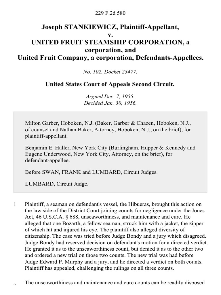 Joseph Stankiewicz v. United Fruit Steamship Corporation, A Corporation ...
