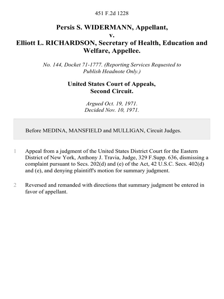 Persis S. Widermann v. Elliott L. Richardson, Secretary of Health ...