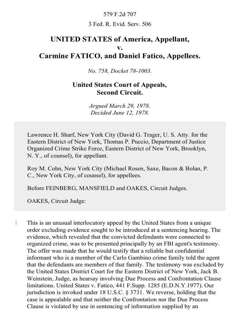 United States v. Carmine Fatico, and Daniel Fatico, 579 F.2d 707, 2d ...