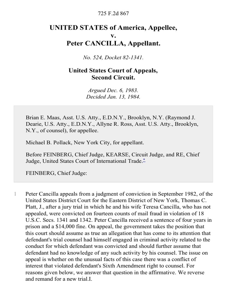 United States v. Peter Cancilla, 725 F.2d 867, 2d Cir. (1984) | PDF ...