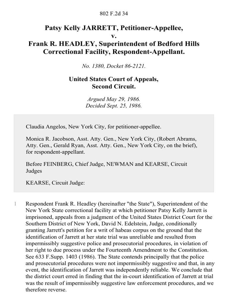 Patsy Kelly Jarrett v. Frank R. Headley, Superintendent of Bedford ...