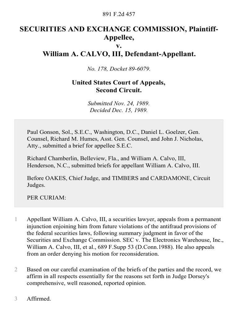 Securities and Exchange Commission v. William A. Calvo, III, 891 F.2d ...