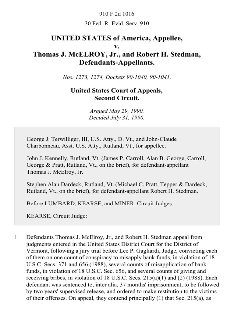United States v. Thomas J. McElroy JR., and Robert H. Stedman, 910 F.2d ...