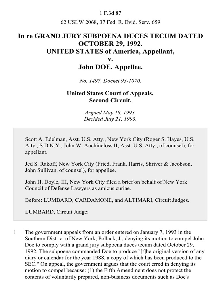 In Re Grand Jury Subpoena Duces Tecum Dated October 29, 1992. United ...