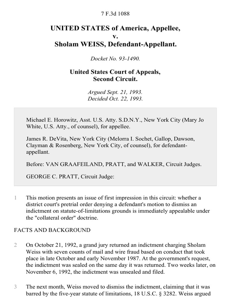 United States v. Sholam Weiss, 7 F.3d 1088, 2d Cir. (1993) | PDF ...