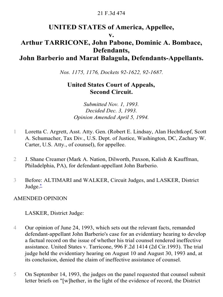United States v. Arthur Tarricone, John Pabone, Dominic A. Bombace ...