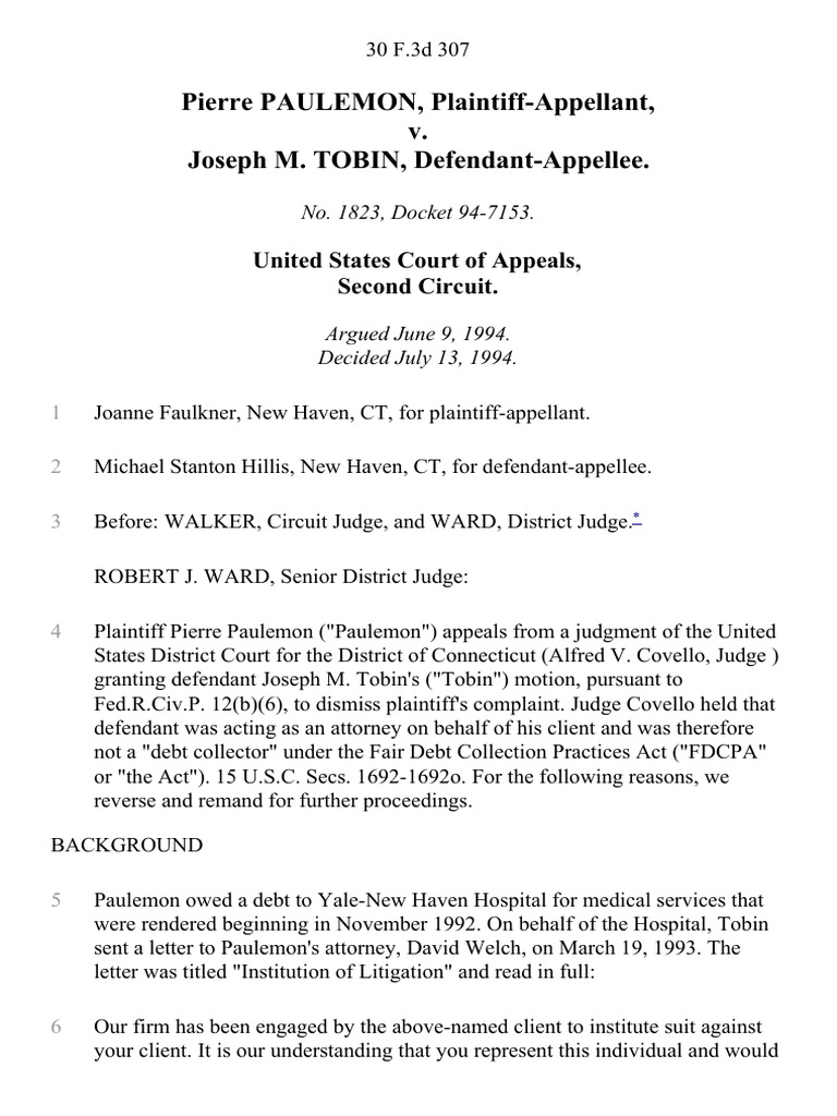 Pierre Paulemon v. Joseph M. Tobin, 30 F.3d 307, 2d Cir. (1994) | PDF ...