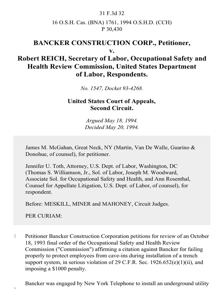 Bancker Construction Corp. v. Robert Reich, Secretary of Labor ...