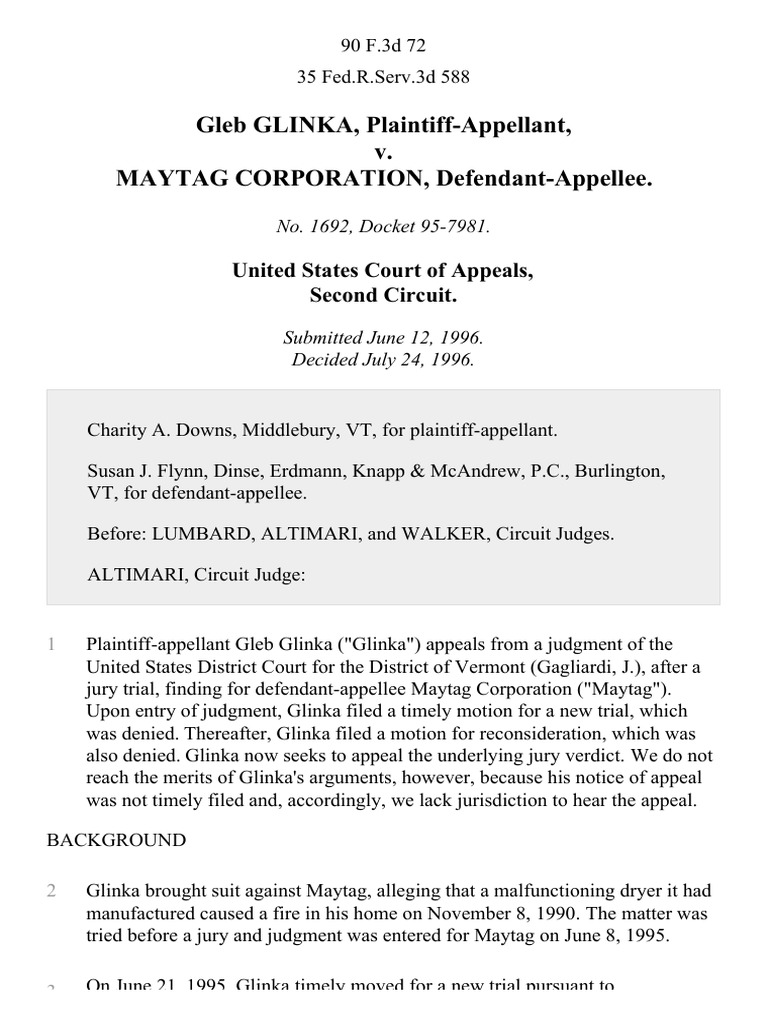 Gleb Glinka v. Maytag Corporation, 90 F.3d 72, 2d Cir. (1996) | PDF ...