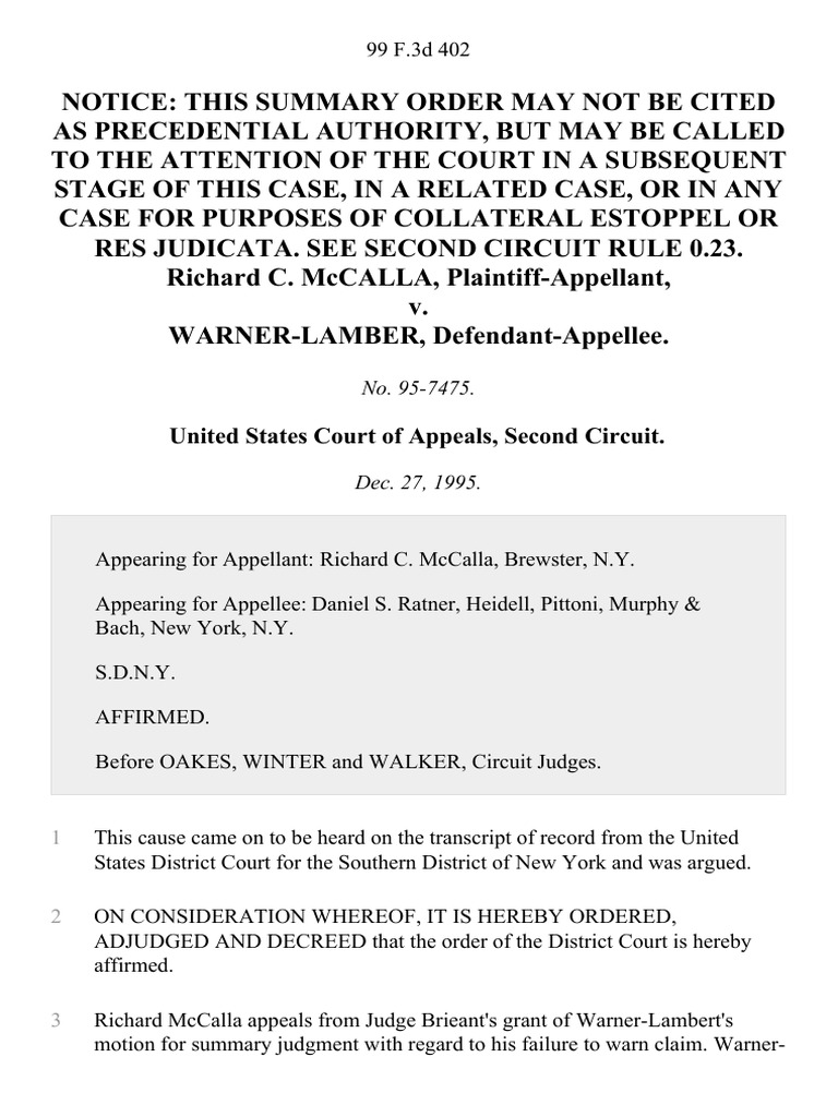 Richard C. McCalla v. Warner-Lamber, 99 F.3d 402, 2d Cir. (1995) | Download Free PDF | Summary ...