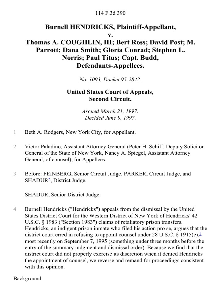 Burnell Hendricks v. Thomas A. Coughlin, III Bert Ross David Post M ...
