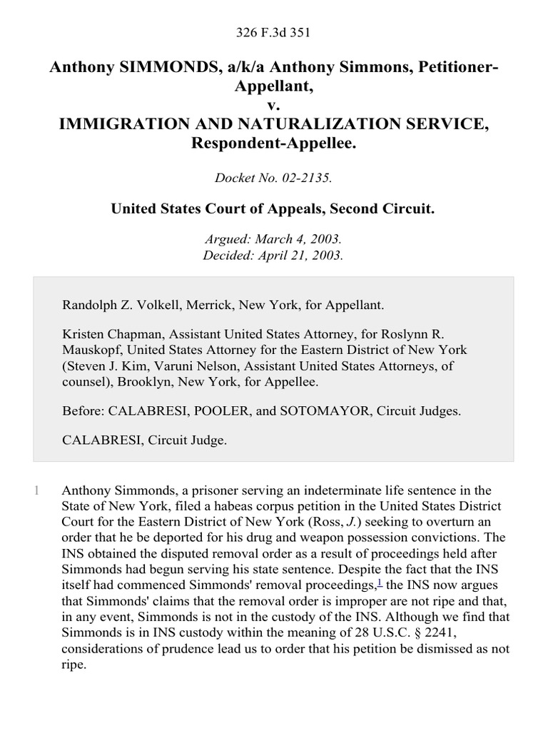 Anthony Simmonds, A/K/A Anthony Simmons v. Immigration and ...