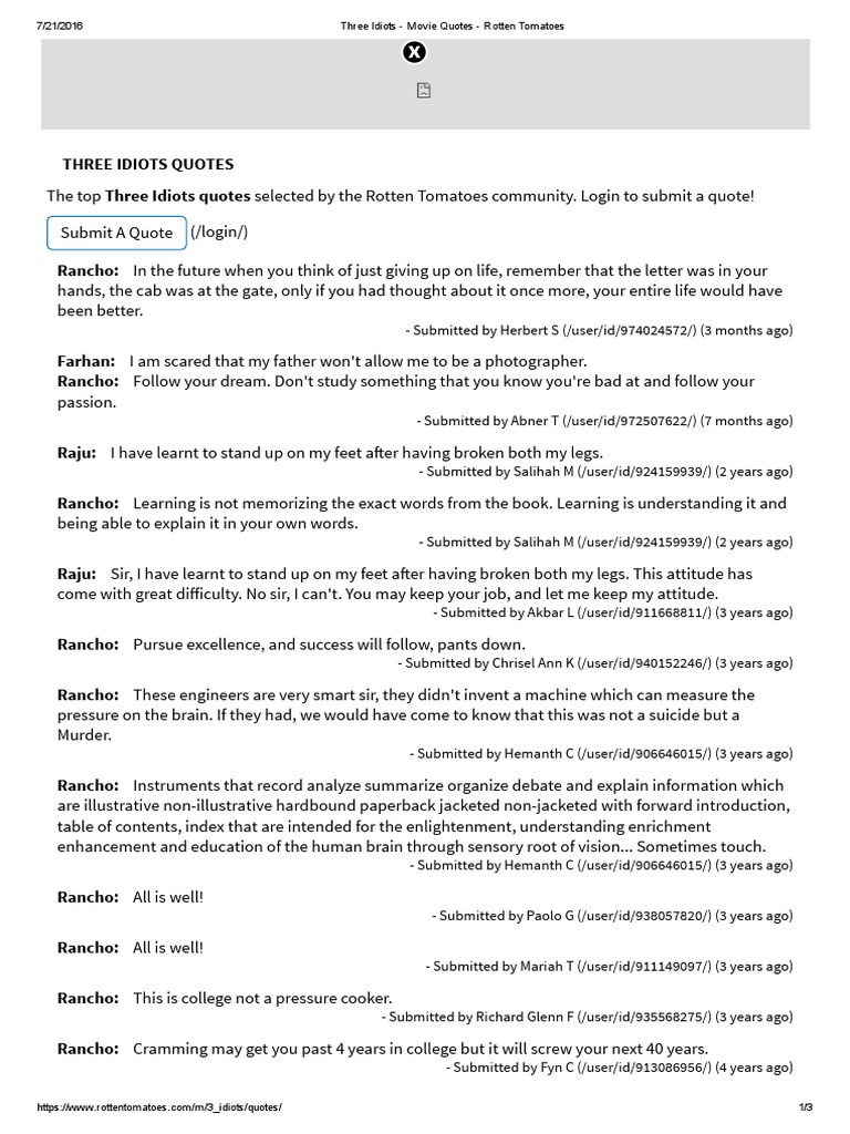 Three Idiots - Movie Quotes - Rotten Tomatoes | PDF