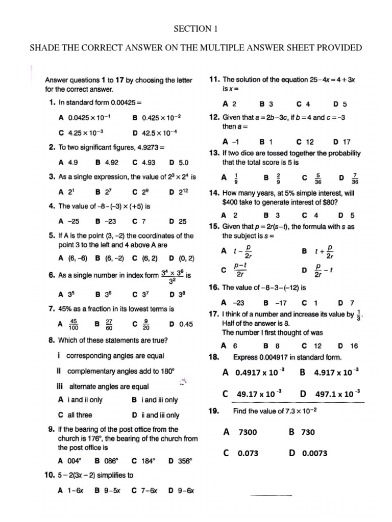 Section 1 Shade The Correct Answer On The Multiple Answer Sheet ...