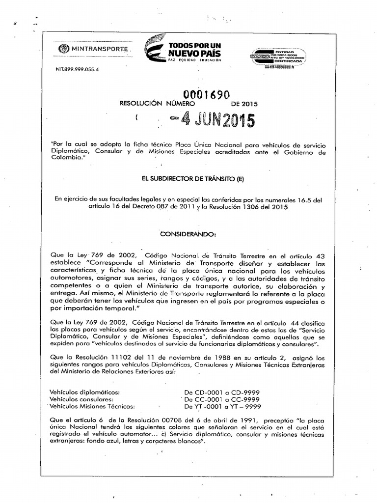 Resolución 1690 de 2015 del Ministerio de Transporte "Por la cual se ...