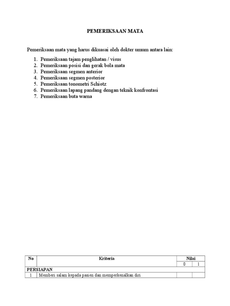 Check List Pemeriksaan Mata | PDF