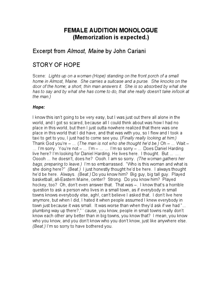 Female Audition Monologue Almost Maine | PDF | Mystery, Thriller ...