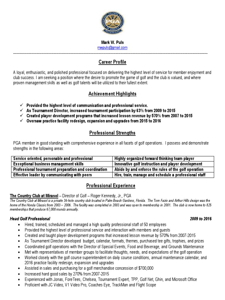PGA Director Golf Operations in United States Resume Mark Puls | PDF ...