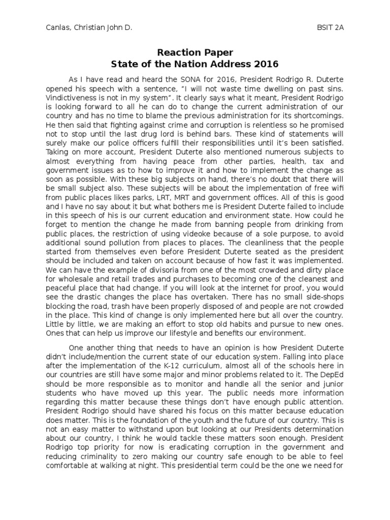 Reaction Paper - SONA 2016 | PDF | Rodrigo Duterte | Public Sphere