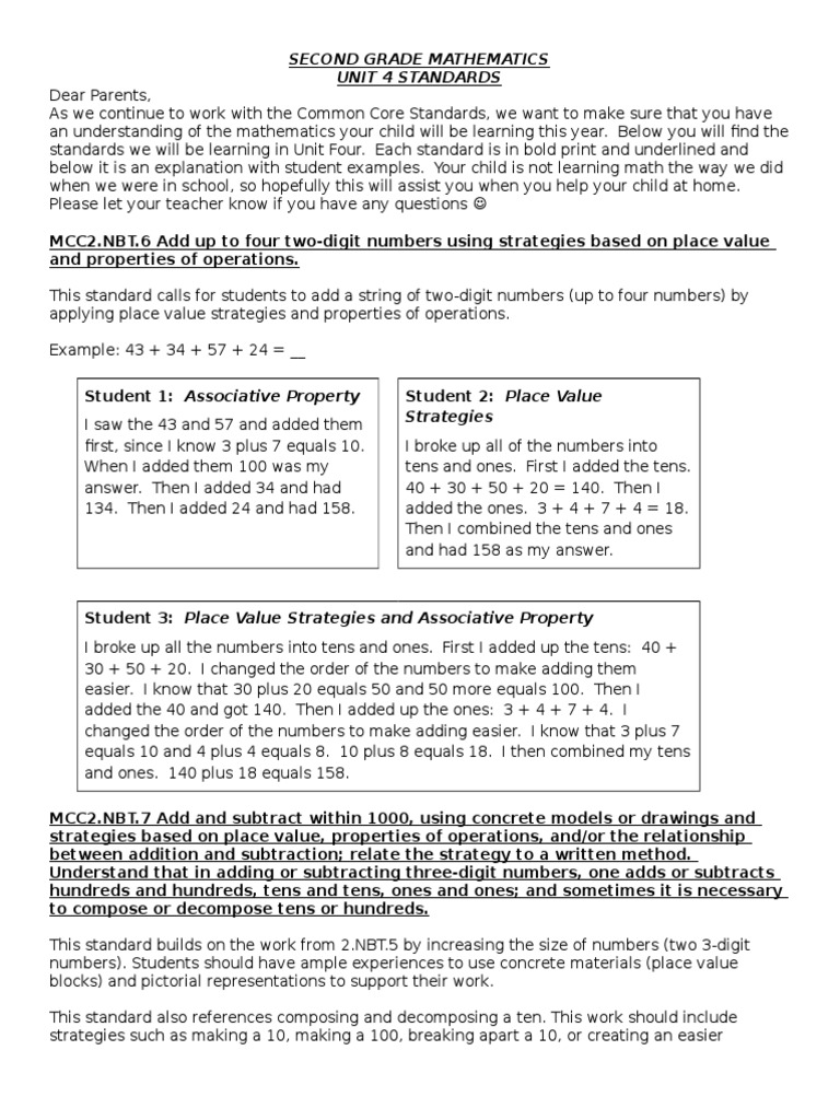 Second Grade Mathematics Unit 4 Standards | PDF | Subtraction | Chart