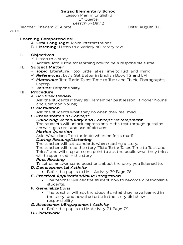 Grade 3 English Lesson Plan: Week 7 | PDF | Lesson Plan | Reading ...
