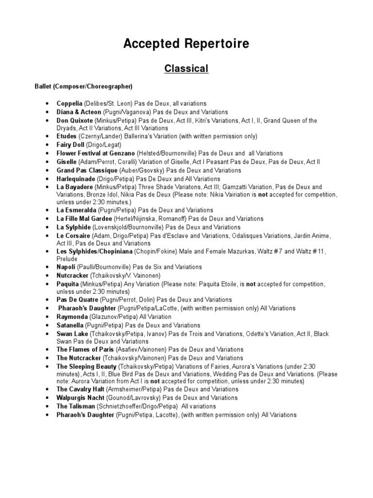 Accepted Repertoire | PDF | Ballet | Danse de spectacle