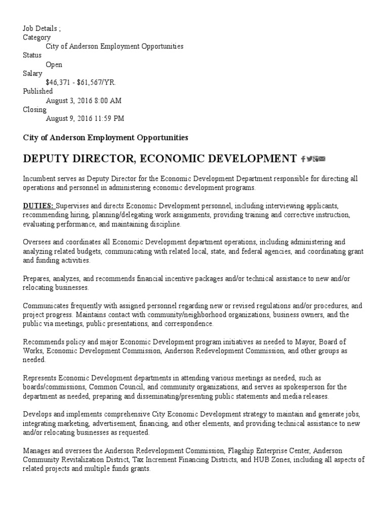 Deputy Director Economic Development Job | PDF | Economic Development ...