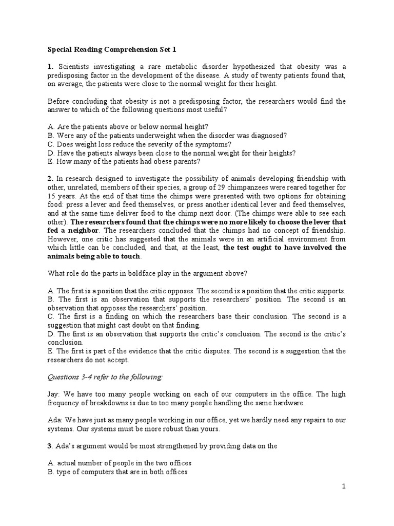 Special Reading Comprehension Set 1 | PDF | Taste | Chimpanzee