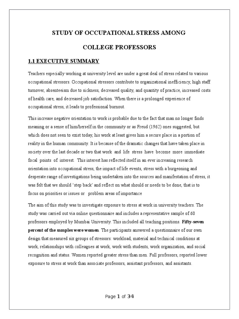 Study of Occupational Stress Among College Professors: 1.1 Executive ...