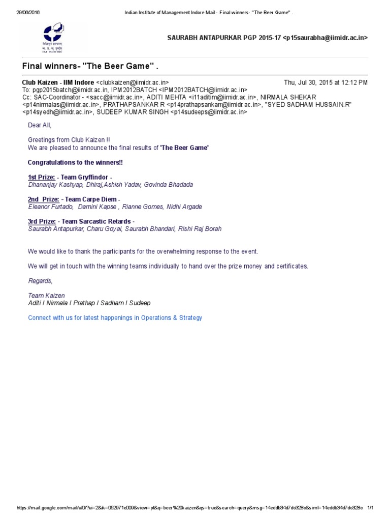 Winners of IIM Indore's Beer Game | PDF