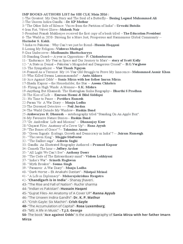 Imp Books-Authors List For Sbi CLK Main 2016 | PDF