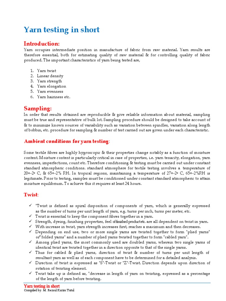 Yarn Testing in Short | Yarn | Strength Of Materials