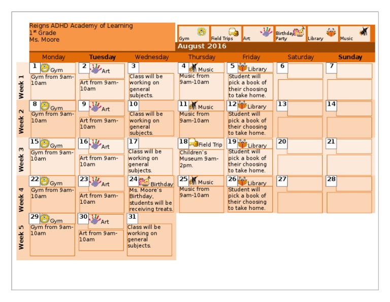 August 2016 1st Grade Activity Schedule | PDF