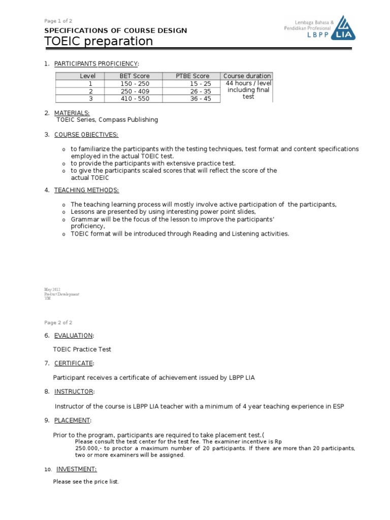 TOEIC Preparation Course Overview | PDF