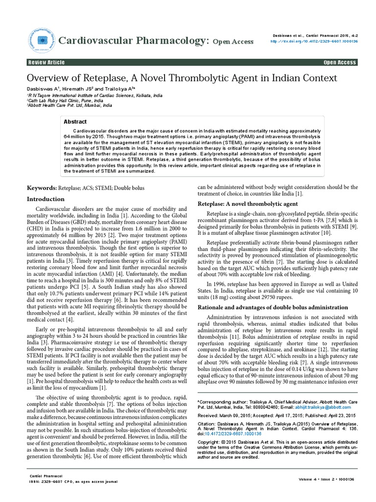 Overview of Reteplase A Novel Thrombolytic Agent in Indian Context 2329 ...
