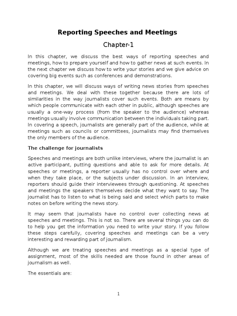 Reporting Speeches and Meetings: Chapter-1 | PDF | News | Journalism