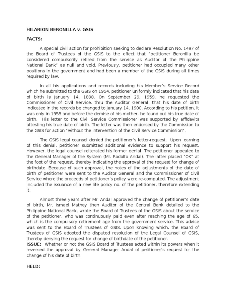Hilarion Beronilla v. Gsis | PDF | Board Of Directors | Virtue