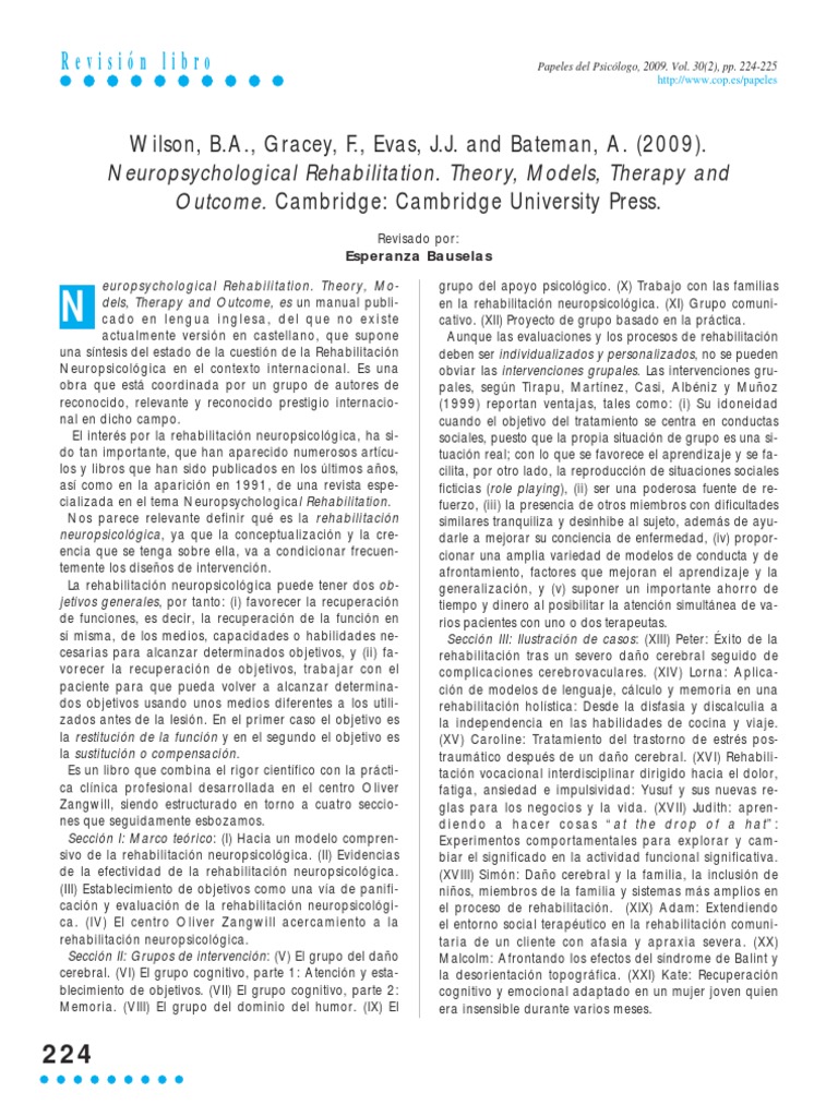 Libro Neuropsychological Rehabilitation, Theory, Models, Therapy and ...