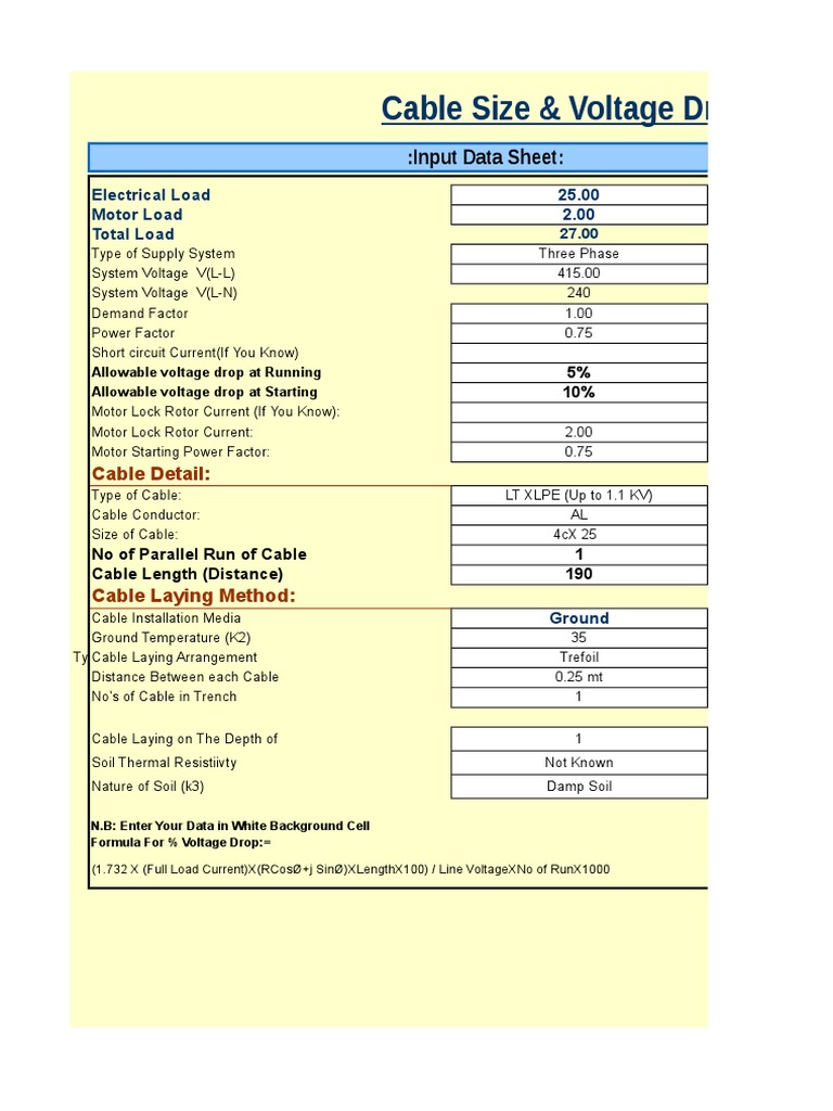 Cable Size & Voltage Drop Calculation::Input Data Sheet | PDF